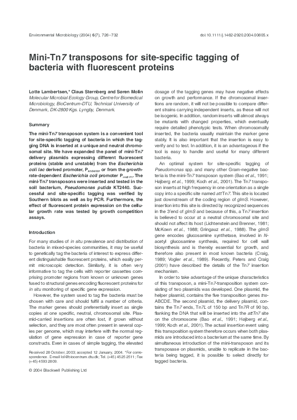 (PDF) Mini-Tn7 transposons for site-specific tagging of bacteria with ...