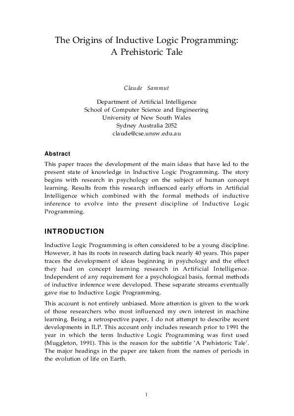 (PDF) The origins of inductive logic programming: A prehistoric tale