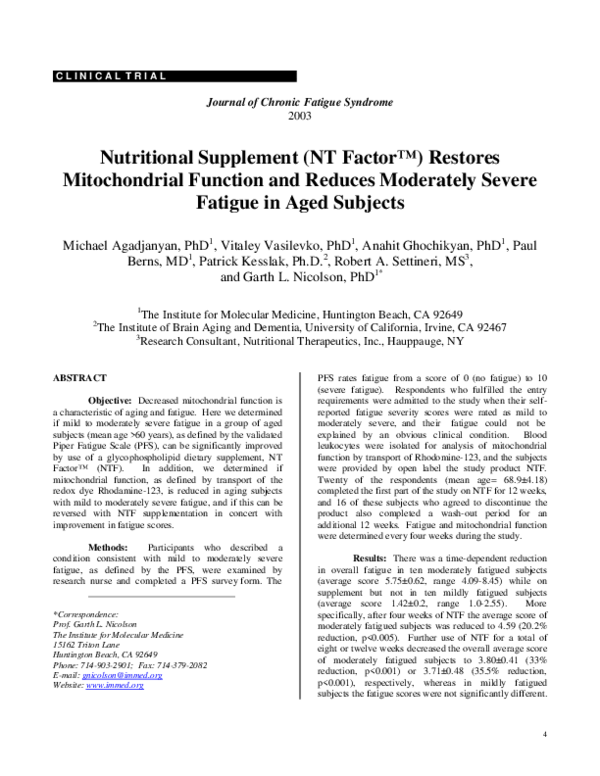 (PDF) Nutritional Supplement (NT Factor™) Restores Mitochondrial ...