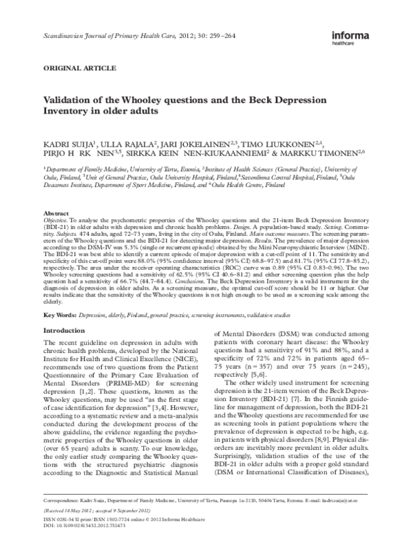 (PDF) Validation of the Whooley questions and the Beck Depression ...