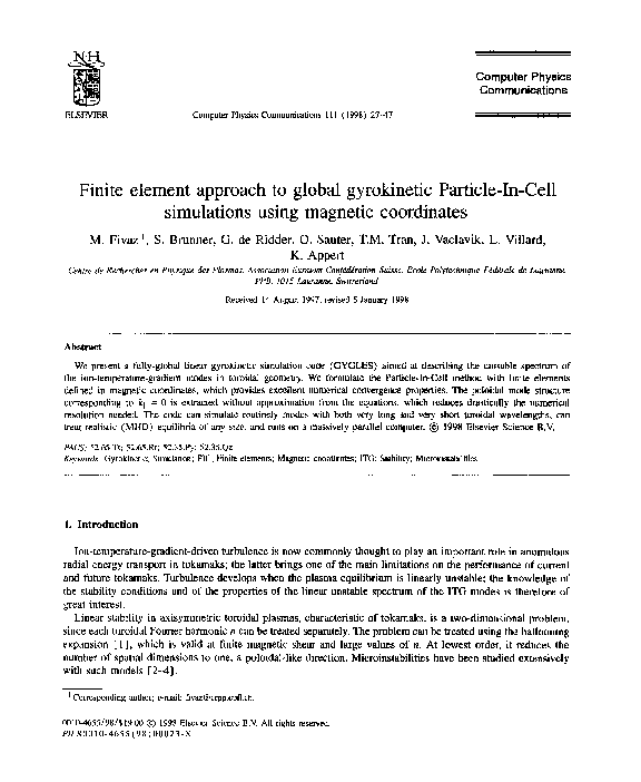 (PDF) Finite element approach to global gyrokinetic Particle-In-Cell simulations using magnetic ...