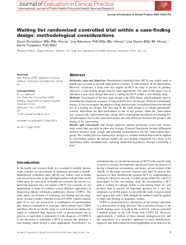 (PDF) Waiting list randomized controlled trial within a case-finding design: methodological ...
