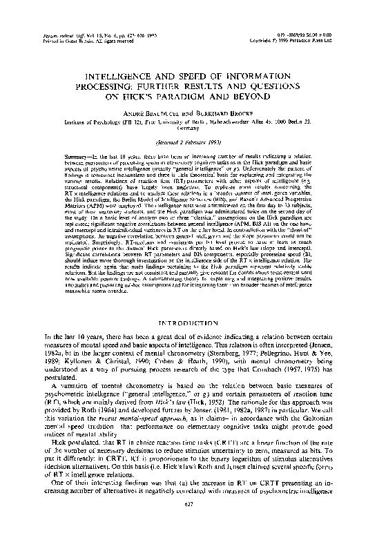 (PDF) Intelligence and speed of information processing: Further results ...