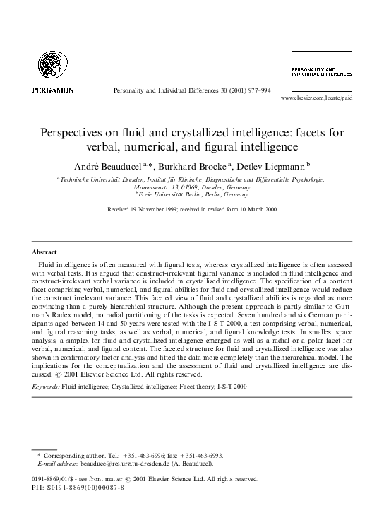 (PDF) Perspectives on fluid and crystallized intelligence: facets for ...
