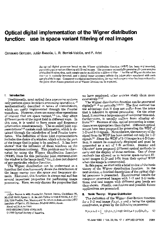 Pdf Optical Digital Implementation Of The Wigner Distribution Function Use In Space Variant