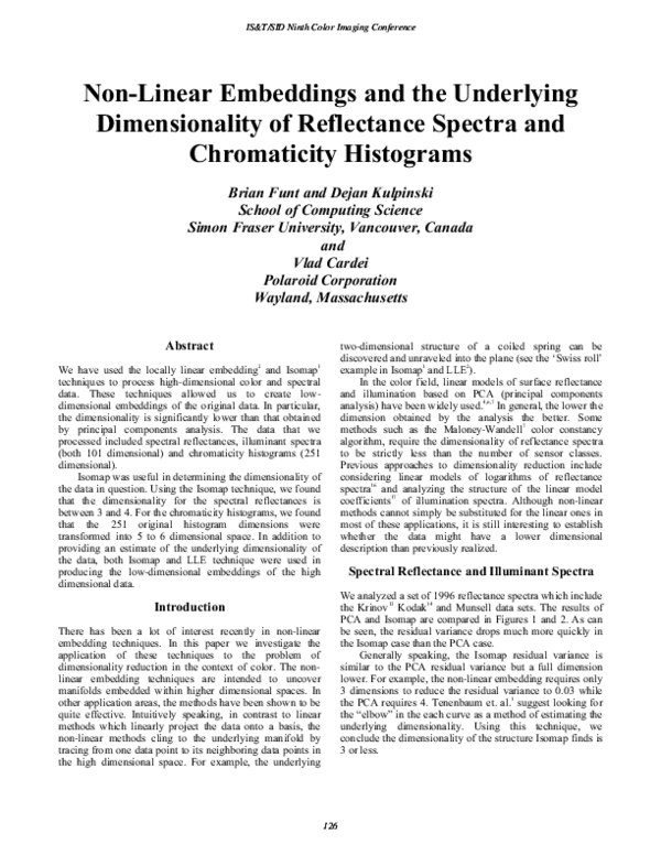 (PDF) Non-Linear Embeddings and the Underlying Dimensionality of Reflectance Spectra and ...