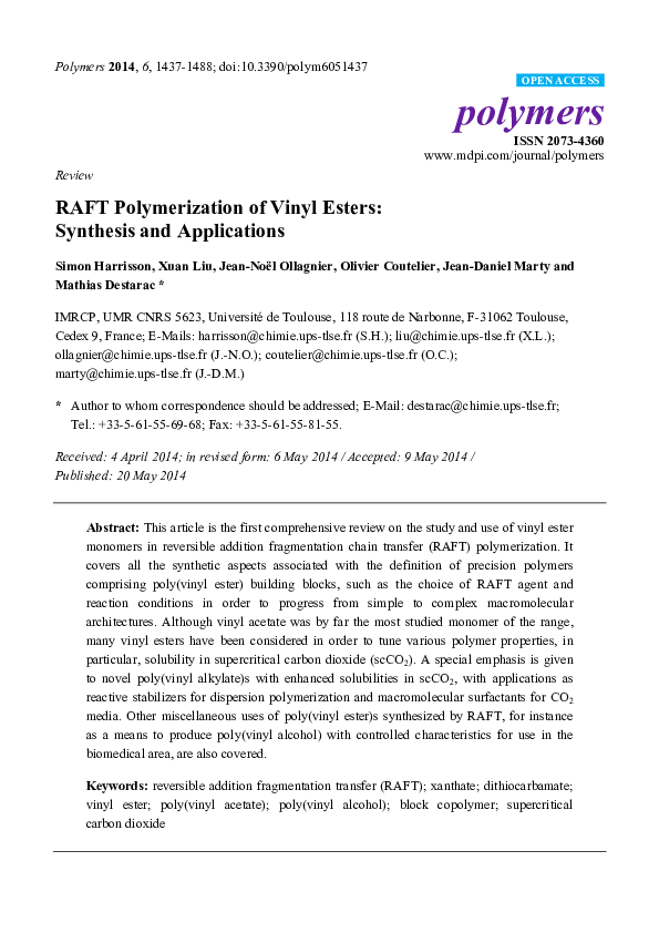 (PDF) RAFT Polymerization of Vinyl Esters: Synthesis and Applications