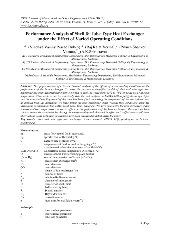 (PDF) Performance Analysis of Shell & Tube Type Heat Exchanger under ...