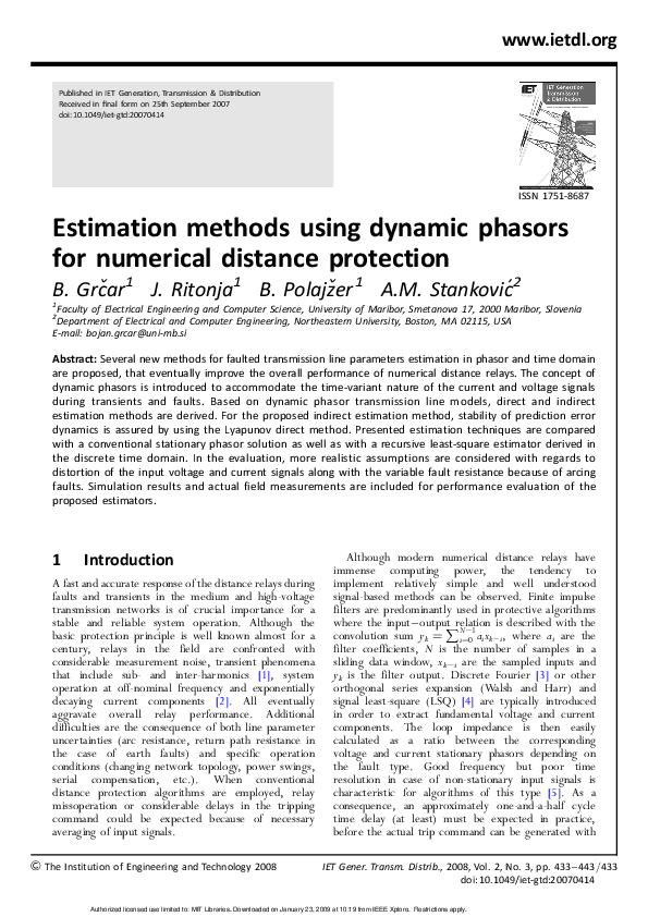 (PDF) Estimation methods using dynamic phasors for numerical distance protection