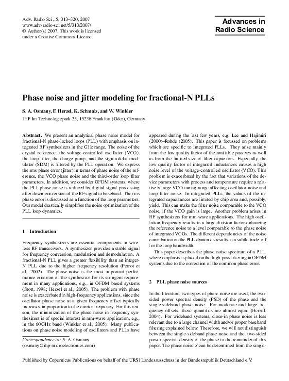 (PDF) Phase noise and jitter modeling for fractional-N PLLs