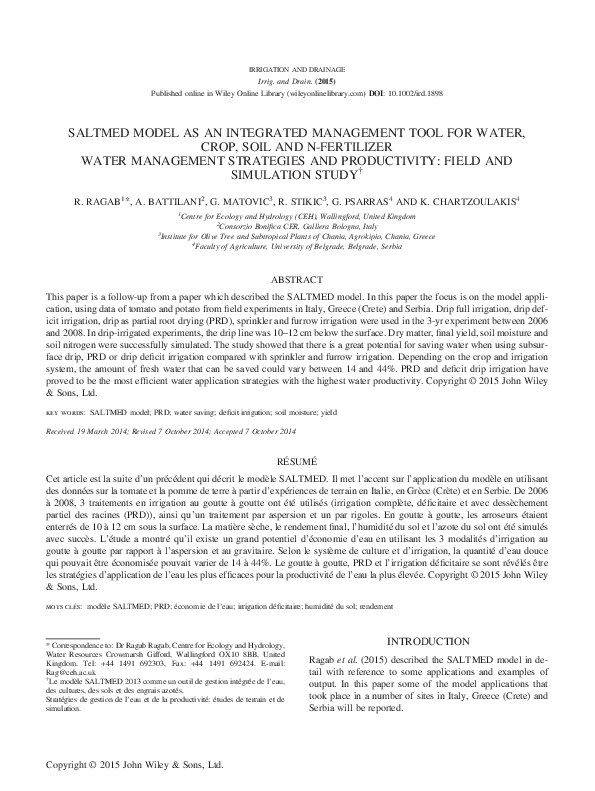 (PDF) SALTMED Model as an Integrated Management Tool for Water, Crop ...