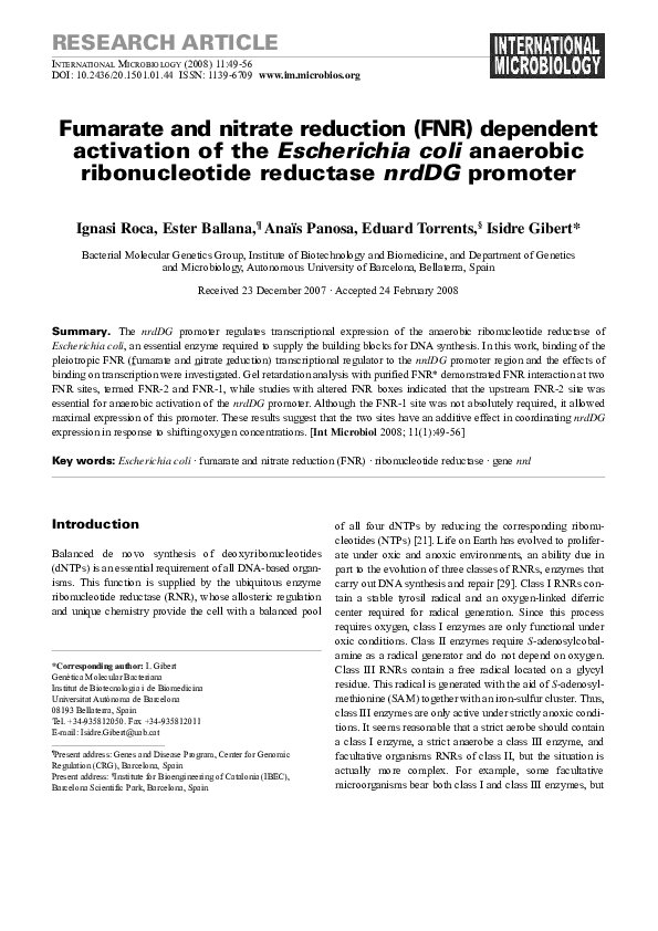 (PDF) Fumarate and nitrate reduction (FNR) dependent activation of the ...