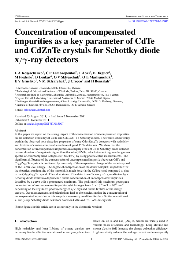 (PDF) Concentration of uncompensated impurities as a key parameter of CdTe and CdZnTe crystals ...