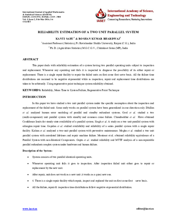 (PDF) RELIABILITY ESTIMATION OF A TWO UNIT PARALLEL SYSTEM