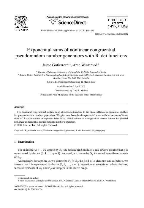 (PDF) Exponential sums of nonlinear congruential pseudorandom number generators with Rédei functions