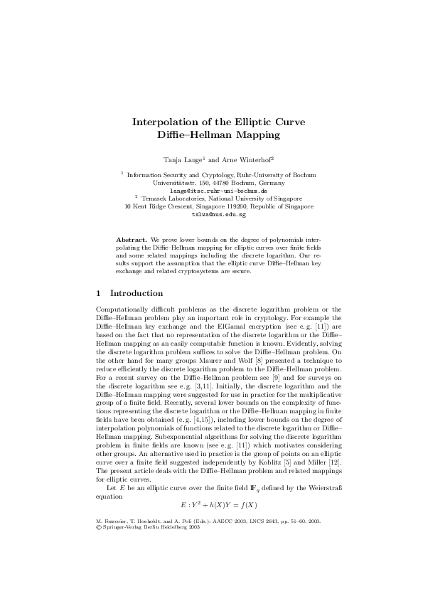 (PDF) Interpolation of the Elliptic Curve Diffie-Hellman Mapping