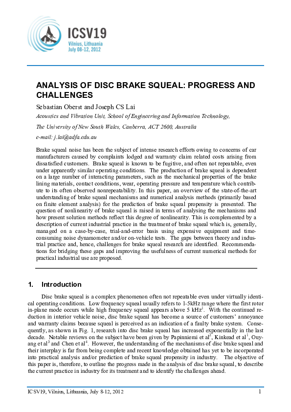 (PDF) Analysis of Disc Brake Squeal: Progress and Challenges