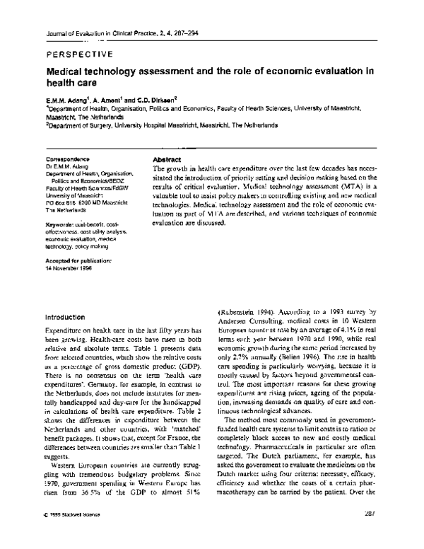 (PDF) Medical technology assessment and the role of economic evaluation ...