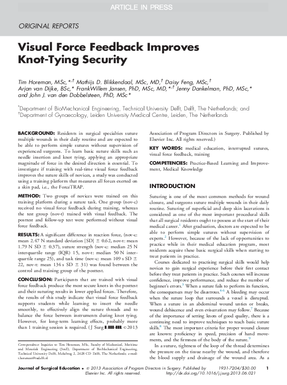 (PDF) Visual Force Feedback Improves Knot-Tying Security