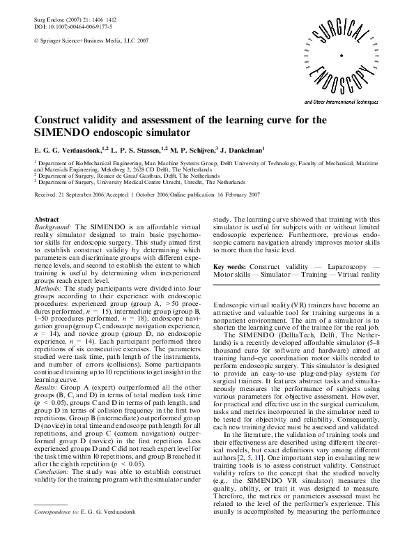 (PDF) Construct validity and assessment of the learning curve for the SIMENDO endoscopic simulator