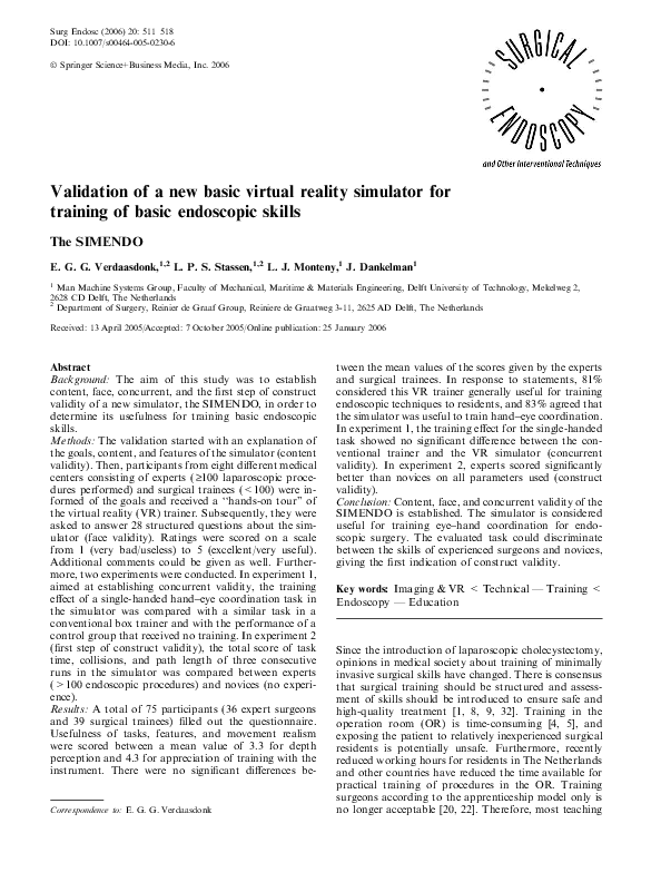 (PDF) Validation of a new basic virtual reality simulator for training of basic endoscopic skills