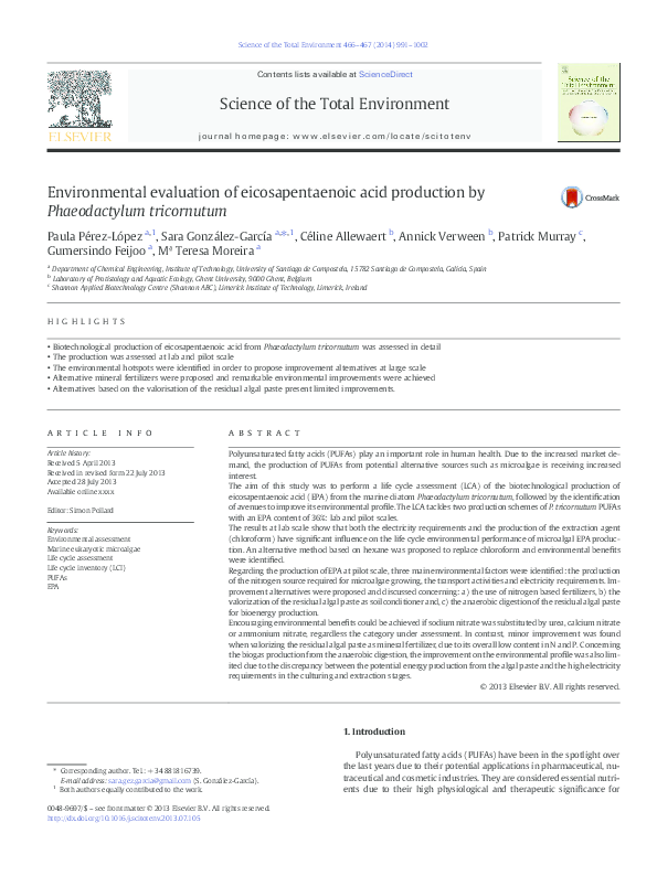 (PDF) Environmental evaluation of eicosapentaenoic acid production by Phaeodactylum tricornutum