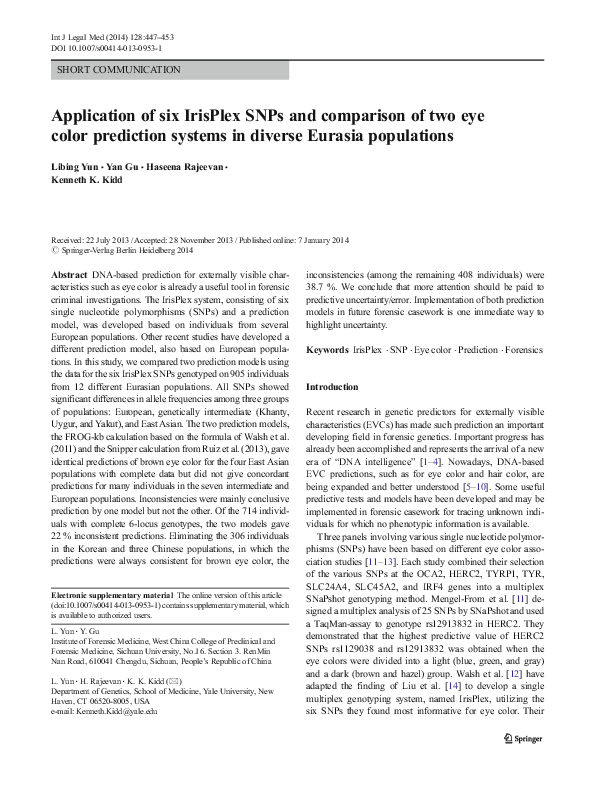 (PDF) 1 Application of six IrisPlex SNPs and comparison of two eye