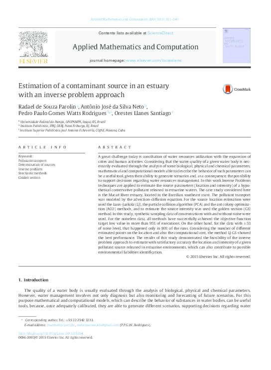 Pdf Estimation Of A Contaminant Source In An Estuary With An Inverse Problem Approach