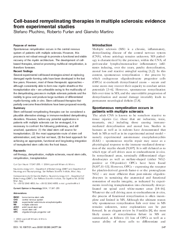 (PDF) Cell-based remyelinating therapies in multiple sclerosis: evidence from experimental studies