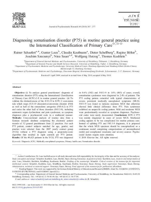 (PDF) Diagnosing somatisation disorder (P75) in routine general practice using the International ...