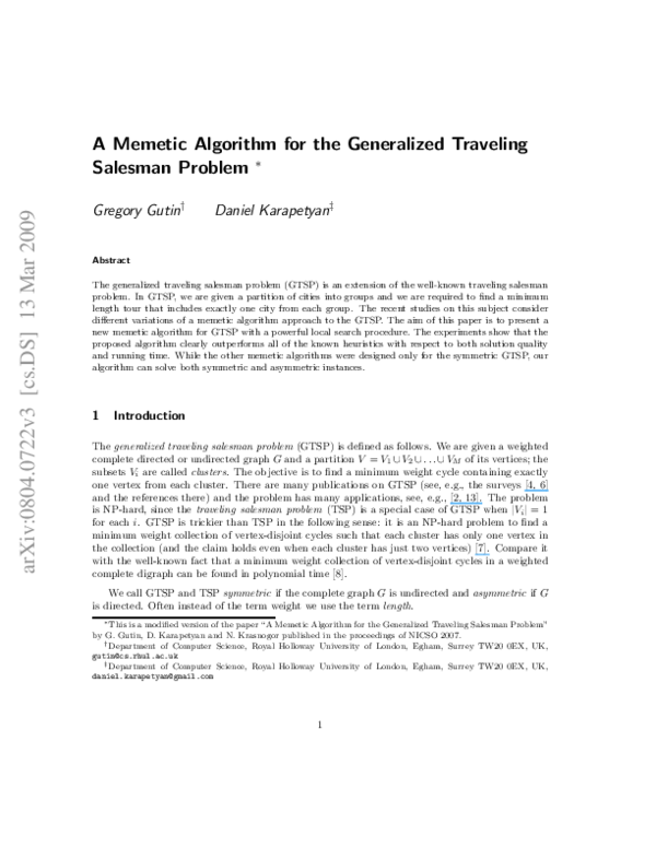 (PDF) A memetic algorithm for the generalized traveling salesman problem