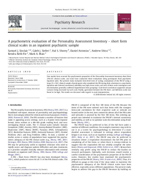 (PDF) A psychometric evaluation of the Personality Assessment Inventory ...