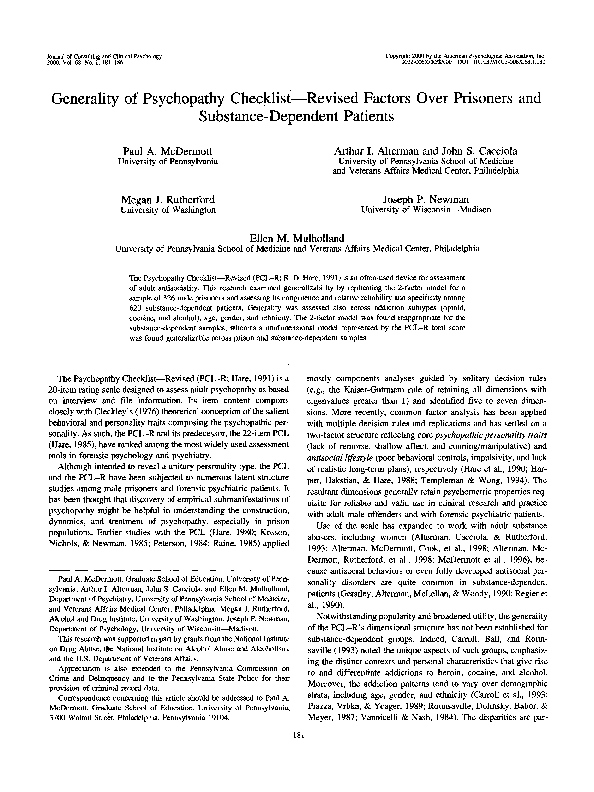 (PDF) Generality of Psychopathy Checklist--Revised factors over ...