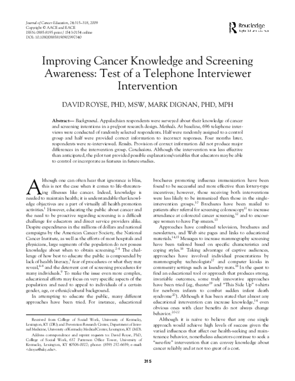 (PDF) Improving Cancer Knowledge and Screening Awareness: Test of a ...