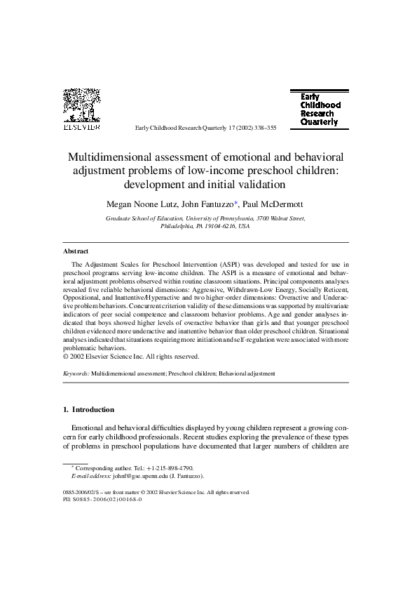 (PDF) Multidimensional assessment of emotional and behavioral adjustment problems of low-income ...