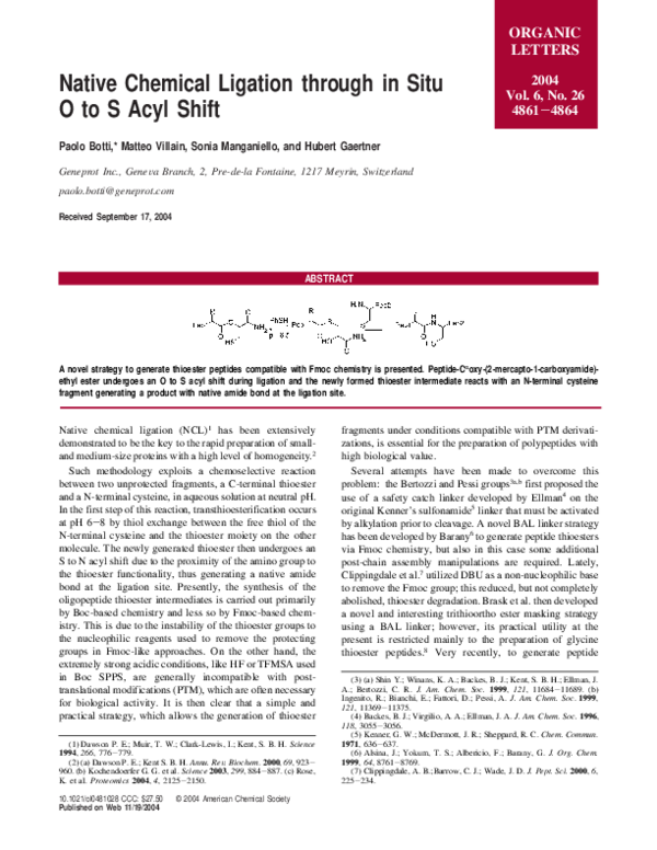(PDF) Native Chemical Ligation through in Situ O to S Acyl Shift