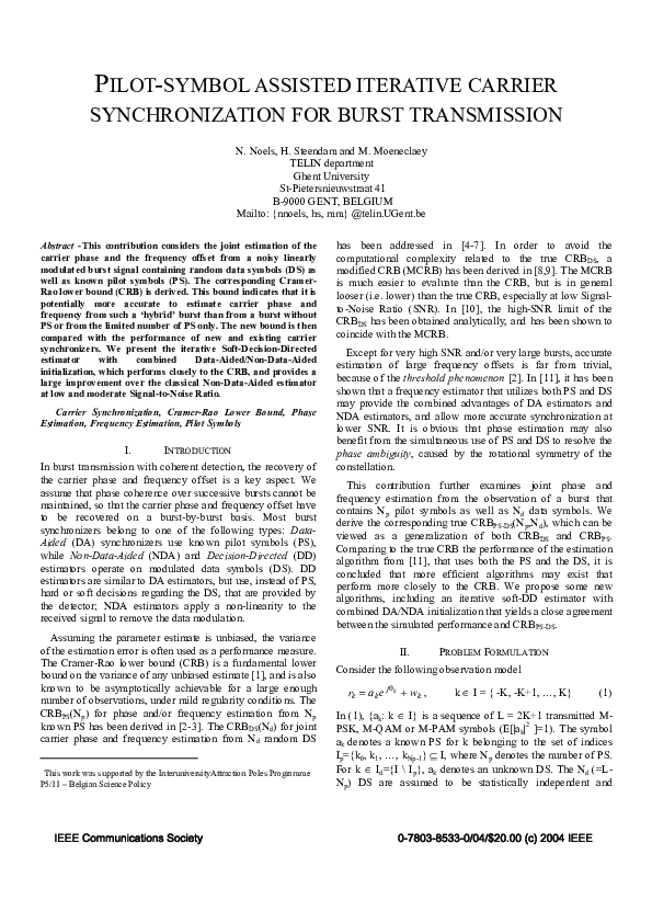 Pdf Pilot Symbol Assisted Iterative Carrier Synchronization For Burst Transmission