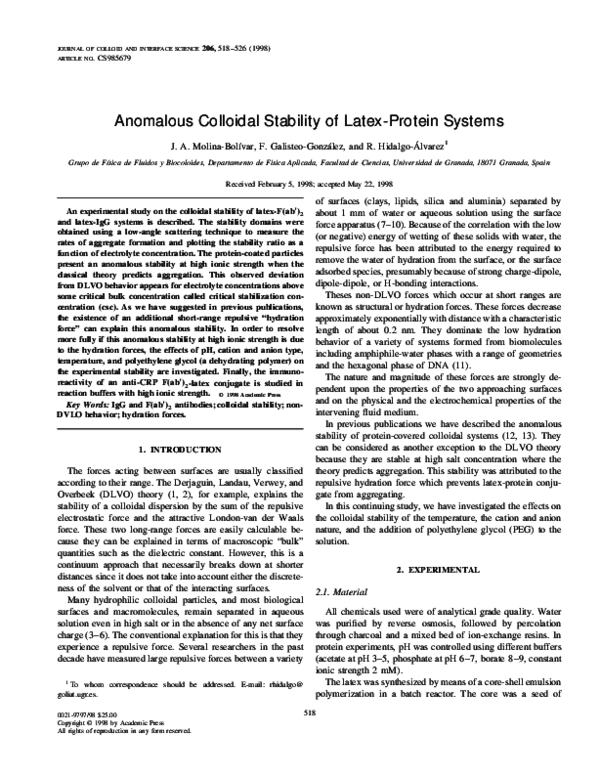 (PDF) Anomalous Colloidal Stability of Latex-Protein Systems