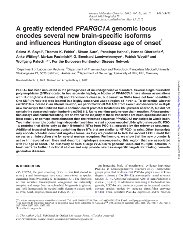 Pdf A Greatly Extended Ppargc1a Genomic Locus Encodes Several New Brain Specific Isoforms And