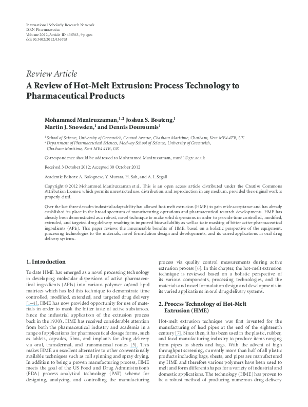 (PDF) A Review of Hot-Melt Extrusion: Process Technology to ...