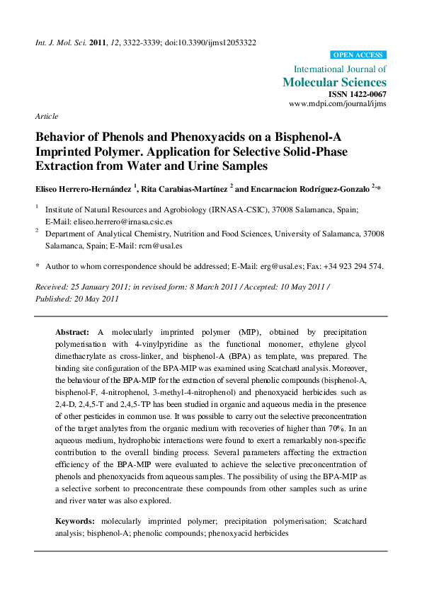 (PDF) Behavior of Phenols and Phenoxyacids on a Bisphenol-A Imprinted Polymer. Application for ...