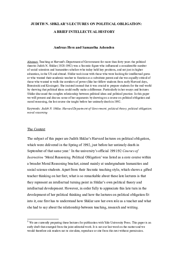 (DOC) JUDITH N. SHKLAR'S LECTURES ON POLITICAL OBLIGATION: A BRIEF ...