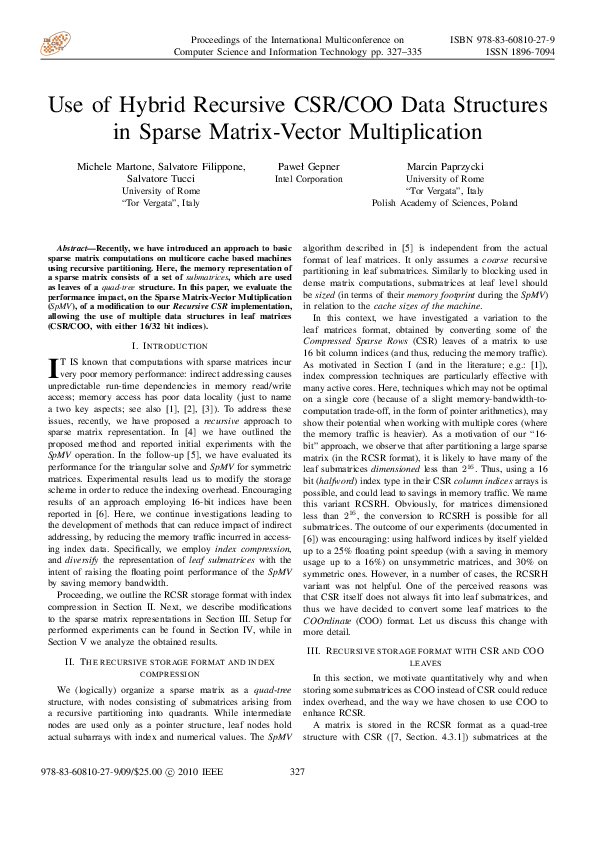 Pdf Use Of Hybrid Recursive Csrcoo Data Structures In Sparse Matrix Vector Multiplication