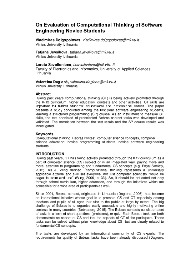 (PDF) On Evaluation of Computational Thinking of Software Engineering Novice Students