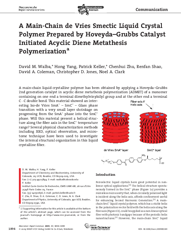 (PDF) A Main-Chain de Vries Smectic Liquid Crystal Polymer Prepared by ...