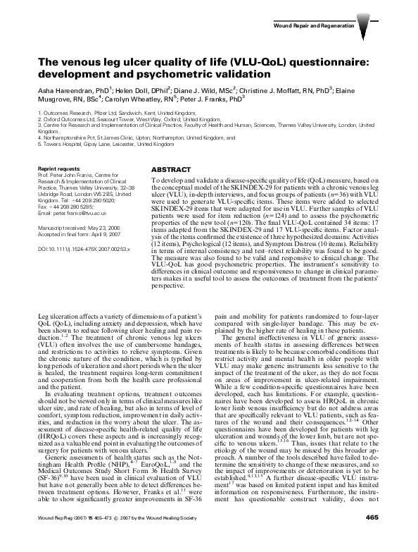 (PDF) The venous leg ulcer quality of life (VLU-QoL) questionnaire: development and psychometric ...