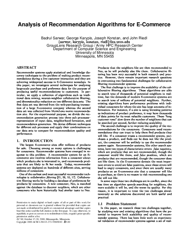 Pdf Analysis Of Recommendation Algorithms For E Commerce