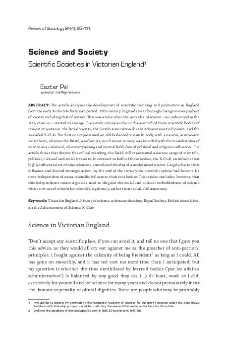 (PDF) Science and Society. Scientific Societies in Victorian England