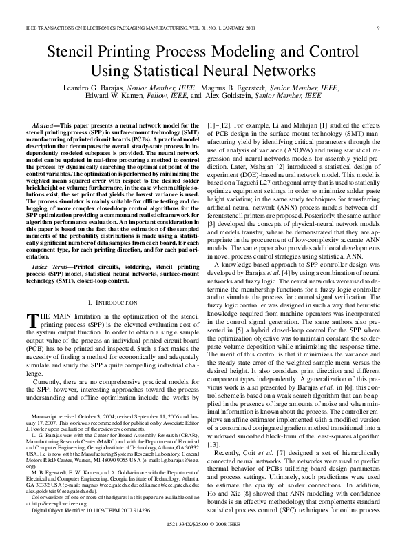 (PDF) Stencil Printing Process Modeling and Control Using Statistical Neural Networks