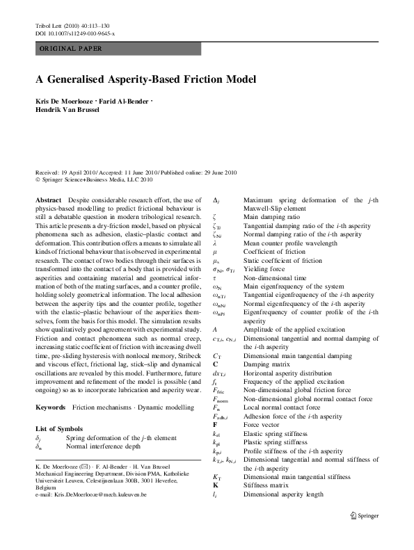Pdf A Generalised Asperity Based Friction Model